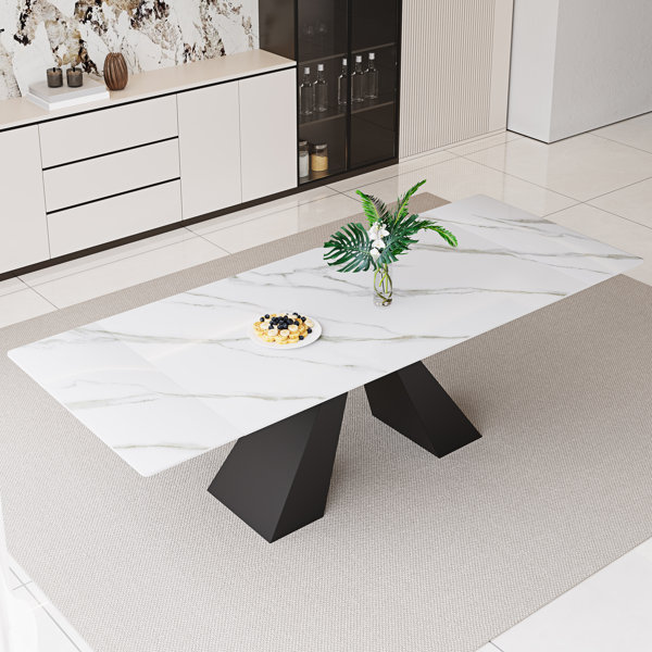 Mercer41 94.5”Extendable Dining Table Set With Rectangular Sintered Stone Top And 6 Faux Leather ...